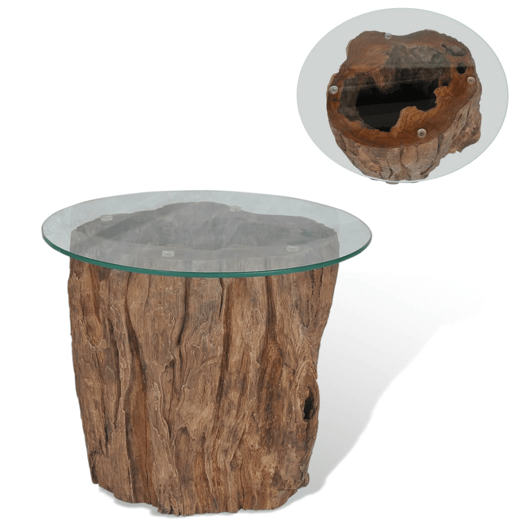 Rustic Teak Wood Tree Stump Glass Coffee Table | The Finishing Touch Decor